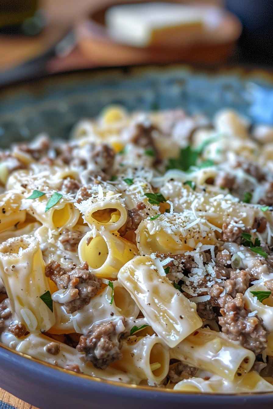Creamy Ground Beef Alfredo Pasta