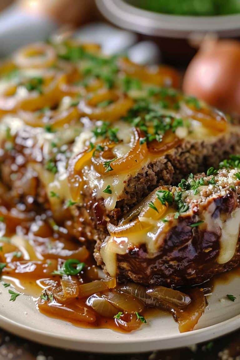 Crockpot French Onion Meatloaf with Melted Swiss Cheese
